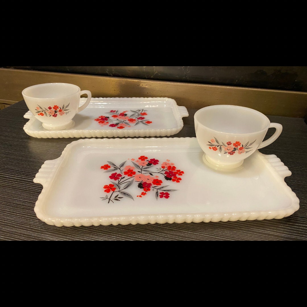 2 Vintage Fire King Primrose Hand Painted Milk Glass Snack Sets - Etsy