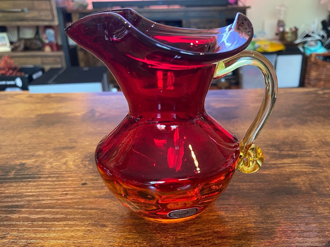 Mid Century Hand-blown Glass Pitcher With Ruffled Rim // Rainbow Glass ...