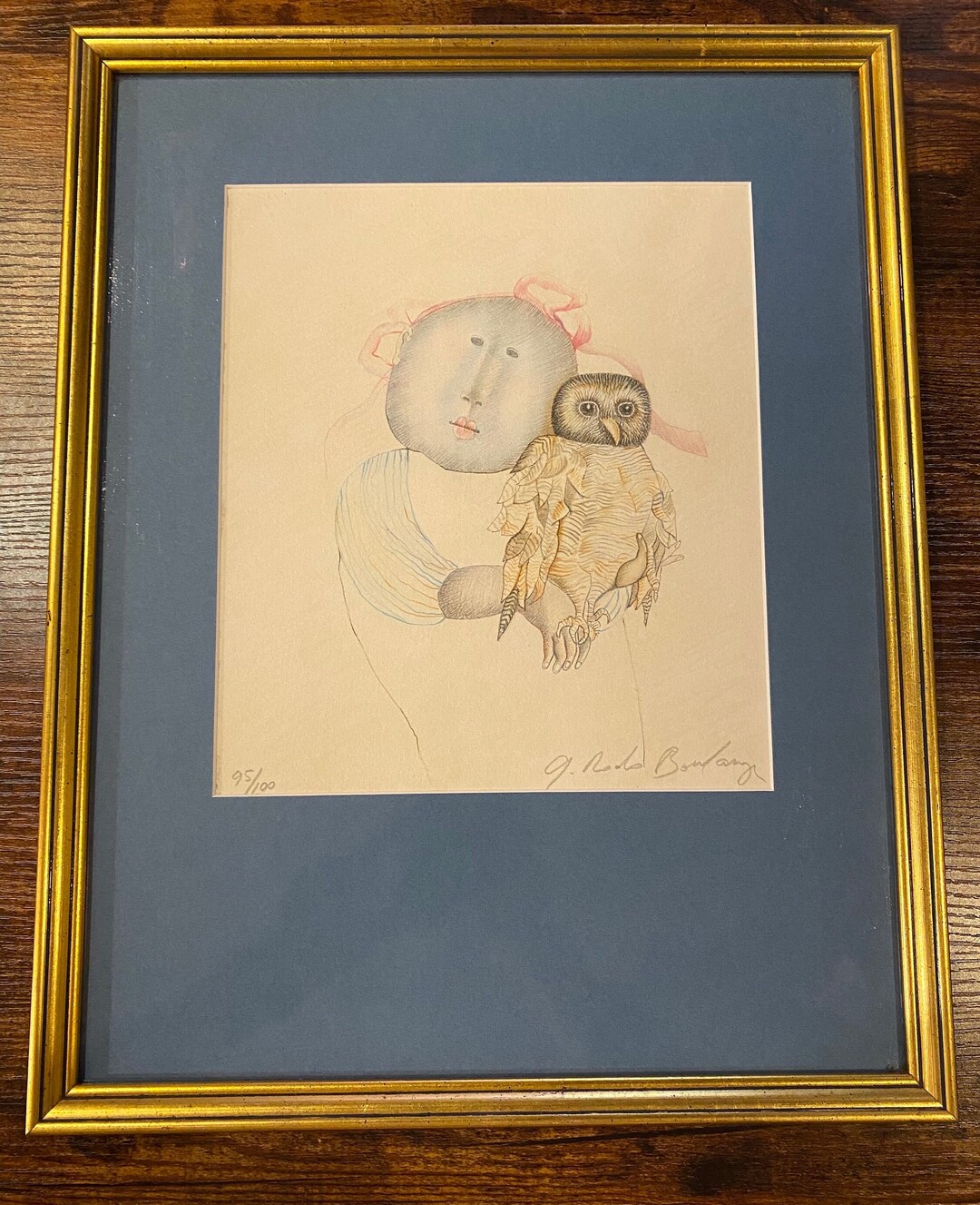 Original Graciela Rodo-boulanger Drawing Girl With Owl Professionally ...