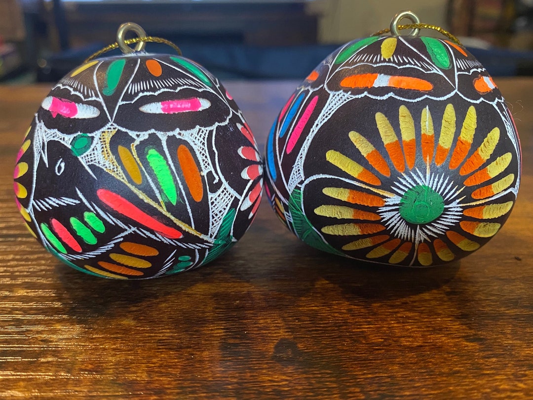 2 Hand-carved & Painted Peruvian Folk Art Gourd Ornaments - Etsy