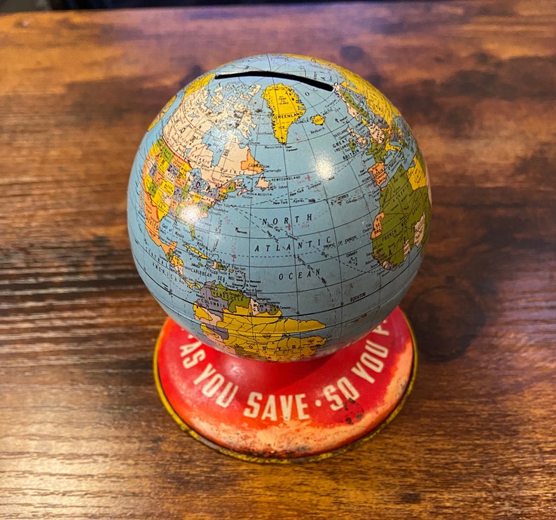1950s Mini Tin Globe Coin Bank // Antique Collectible World - Etsy
