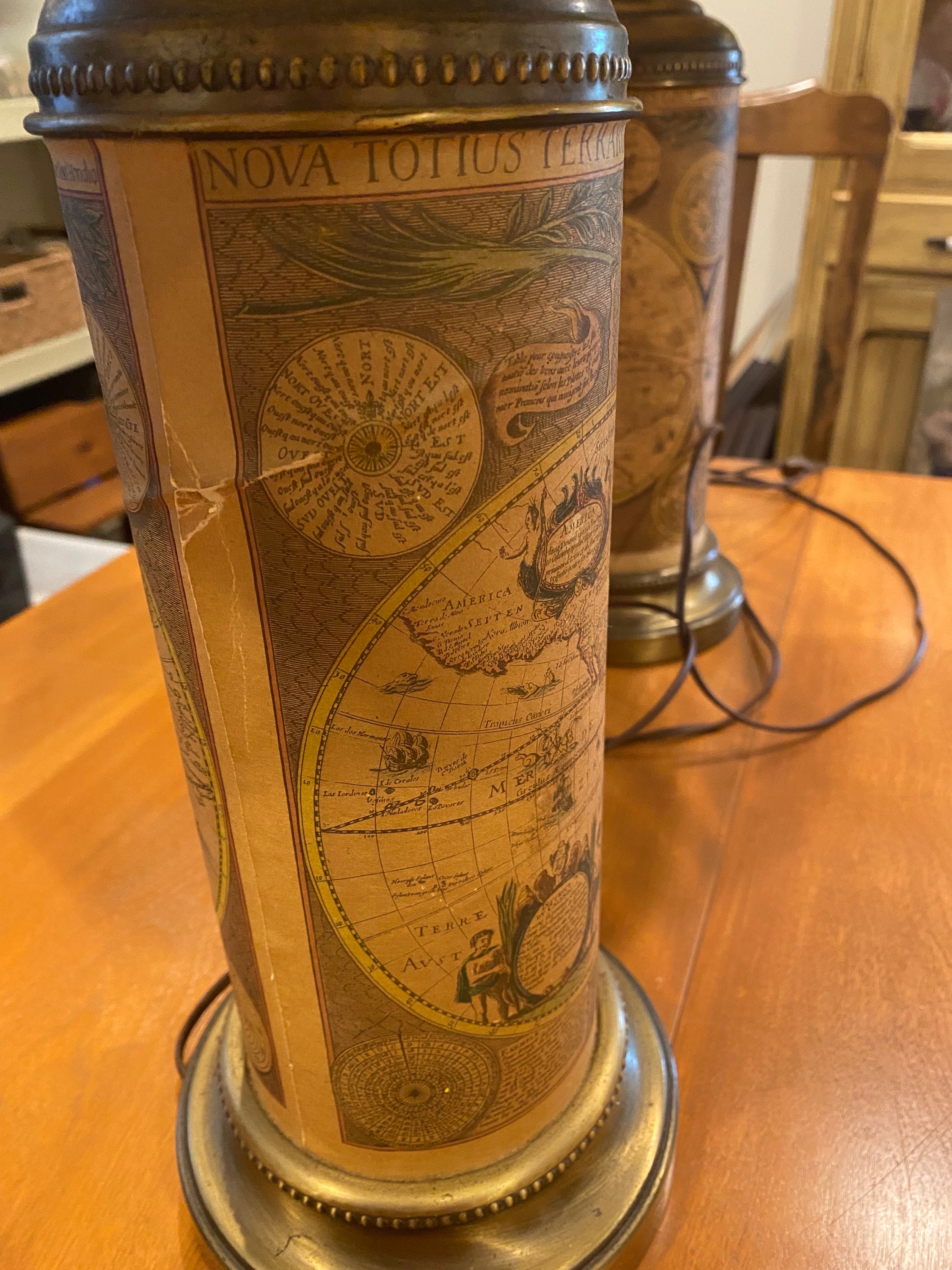 Pair of MCM Antique World Map Table Lamps W/ Beige Cylinder - Etsy