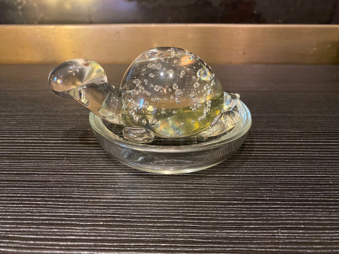 Vintage Clear Glass Turtle in Bowl Paperweight - Etsy