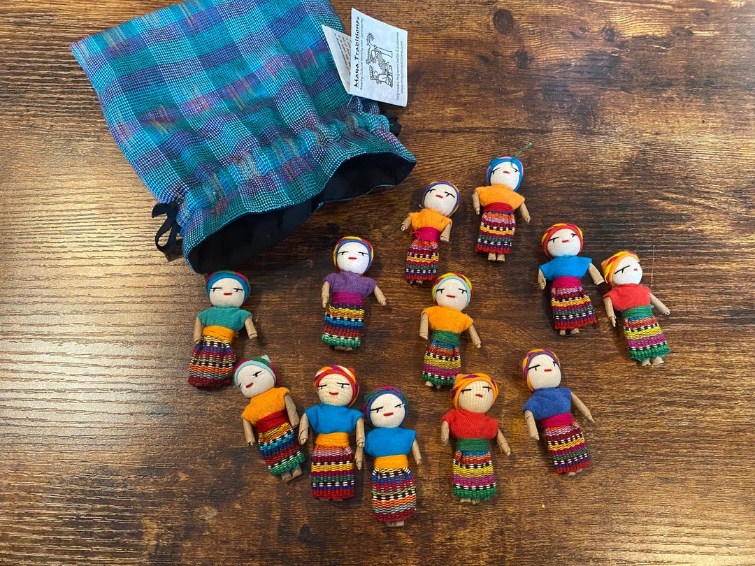 12 Handmade Worry Dolls in Woven Textile Drawstring Pouch - Etsy