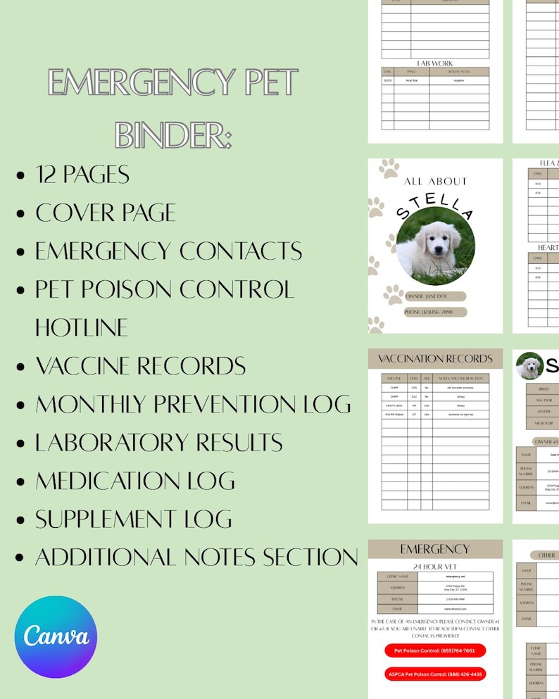 Pet Emergency Binder – Editable & Printable Pet Care Records (digital ...