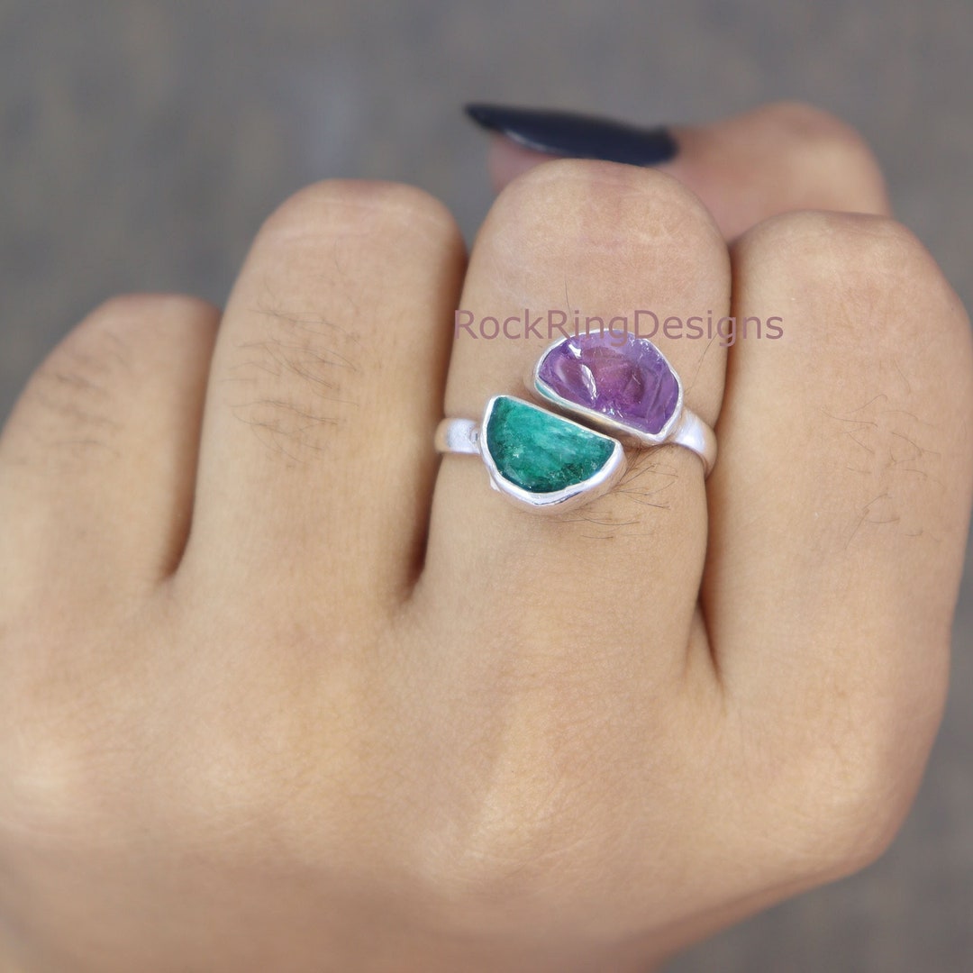Raw Amethyst Ring, Raw Amethyst and Emerald Ring, 925 Sterling Silver Ring, Uncut Crystal Ring ...