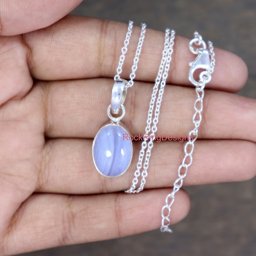 Natural Blue Lace Agate Necklace, Silver Necklace, Gemstone Necklace ...
