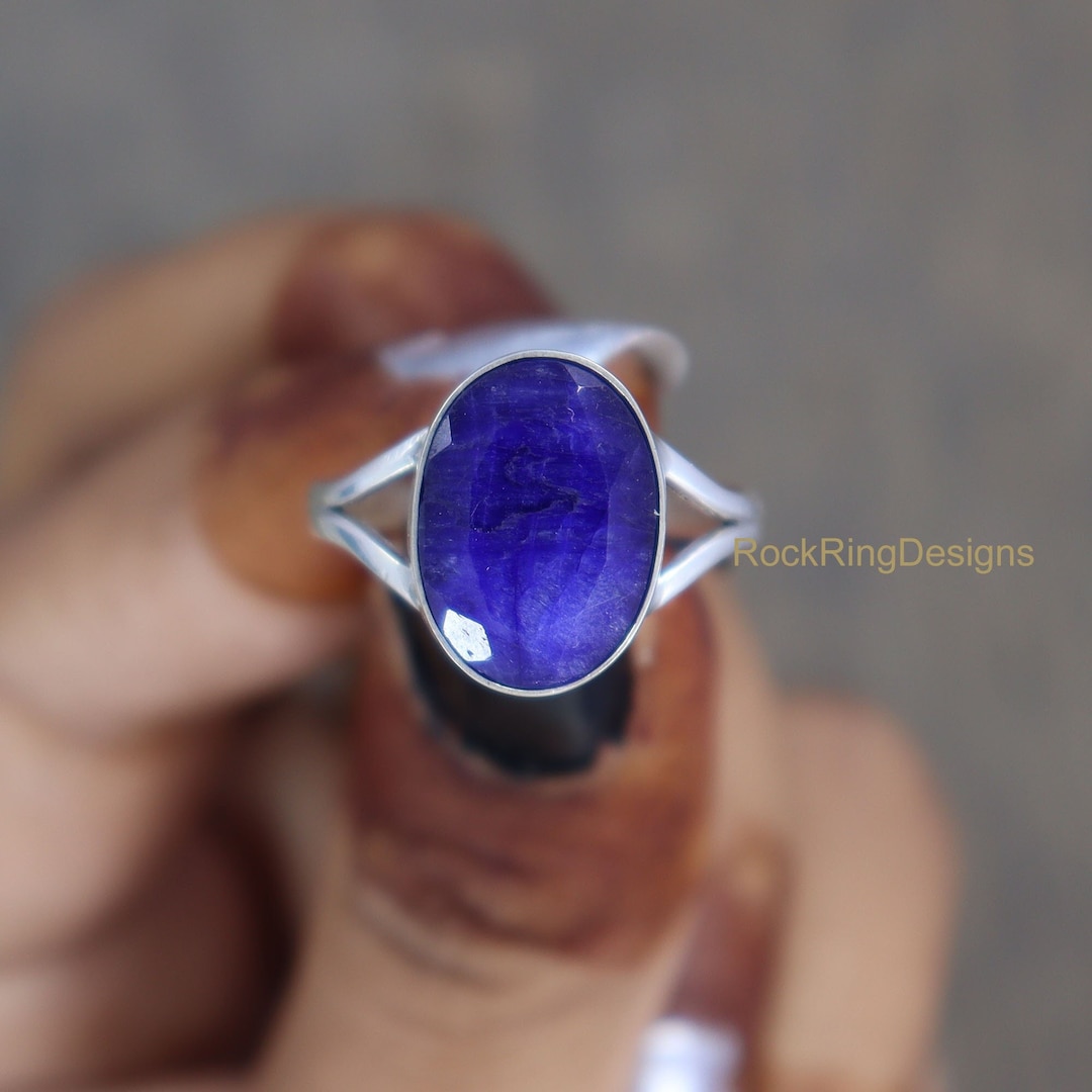 Raw Blue Sapphire Ring, Sterling Silver Wide Band, Bohemian Style - Etsy