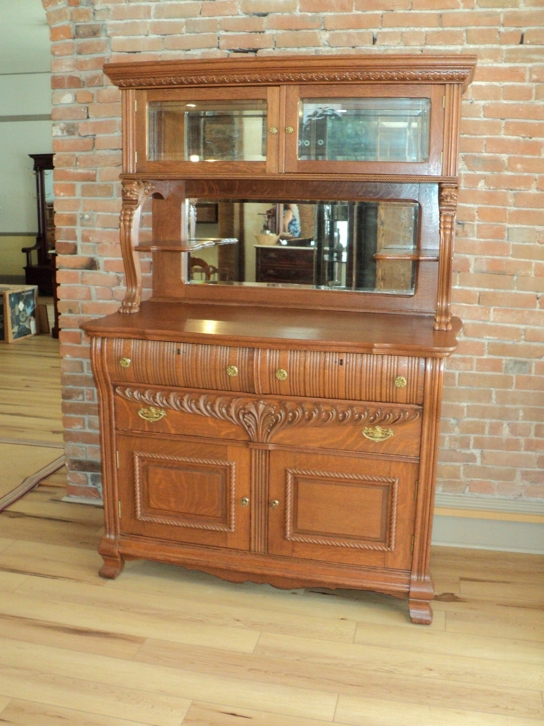 Antique Oak Buffet Sideboard W. Beveled Mirrors, Shipping is Not Free ...