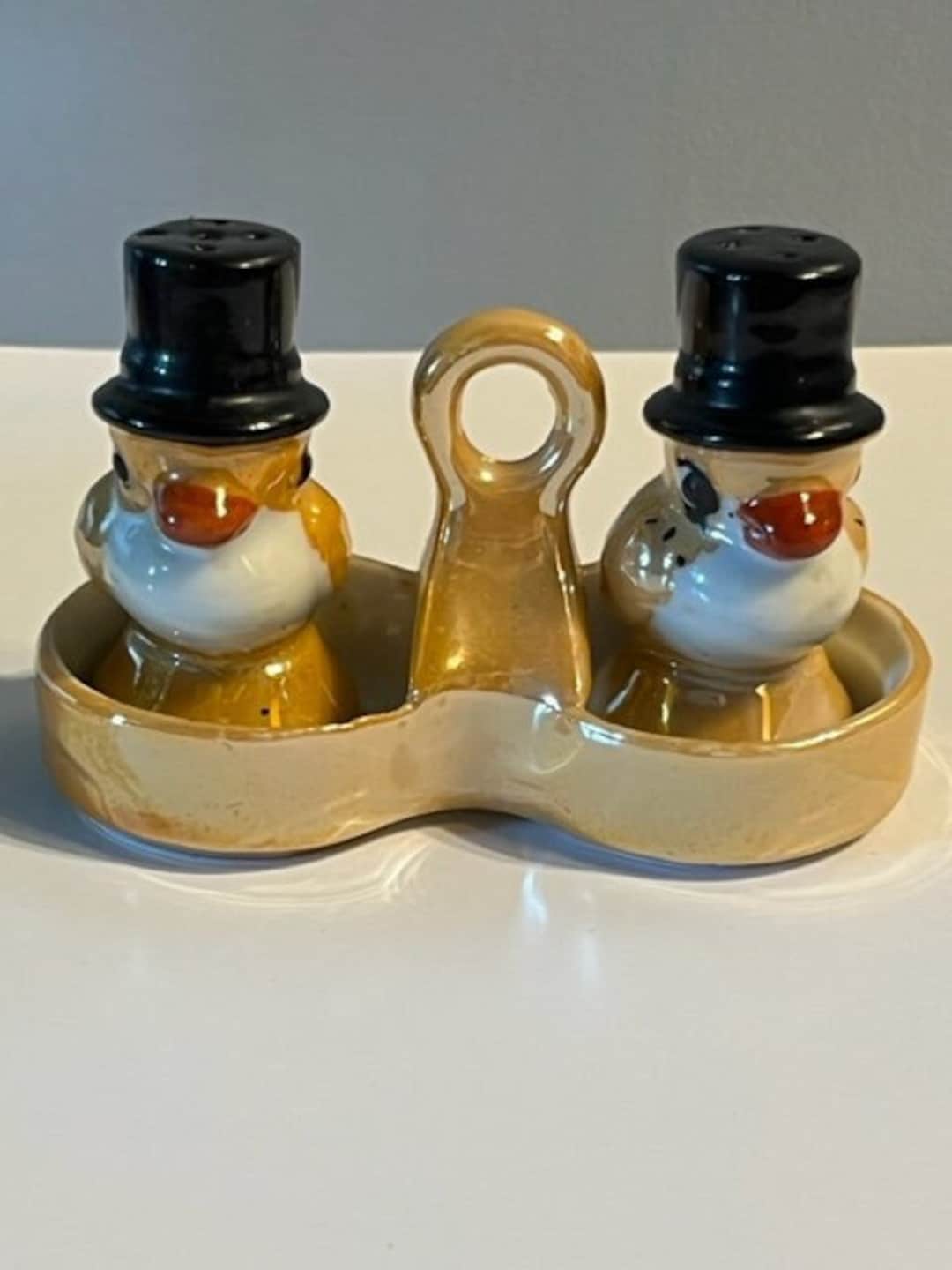 Peach Lusterware Salt Pepper Shaker Set With Tray Birds Wearing Black ...