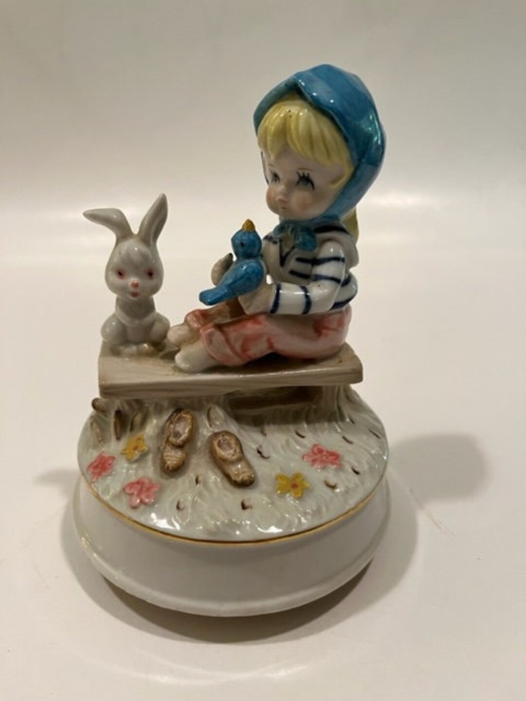 Vintage Musical Box Whimsical Girl With Bonnet Bluebird Bunny Porcelain ...