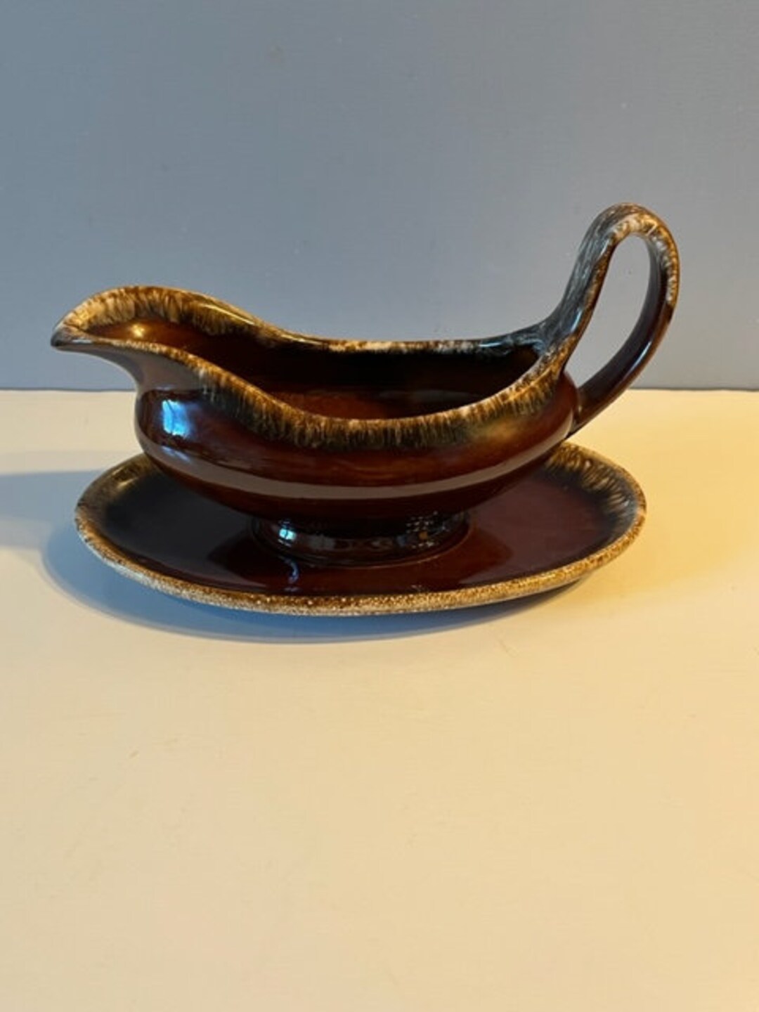 Hull Oven Proof USA Large Brown Drip Glaze Gravy Boat With Oval Saucer ...