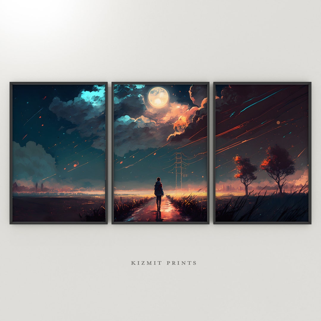 Landscape Art, Scenic Open Field at Night With Stars, Wall Decor Print ...