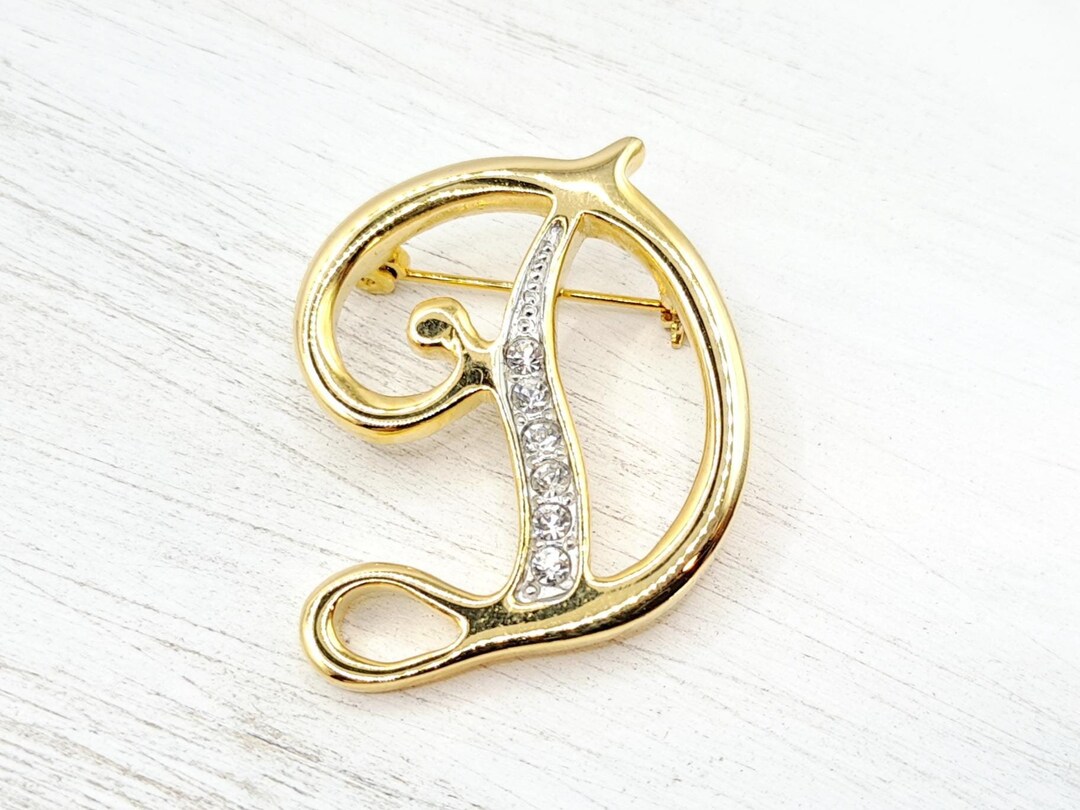 Vintage Golden Cursive Letter D Rhinestone Brooch 1990's Goldtone Mid ...