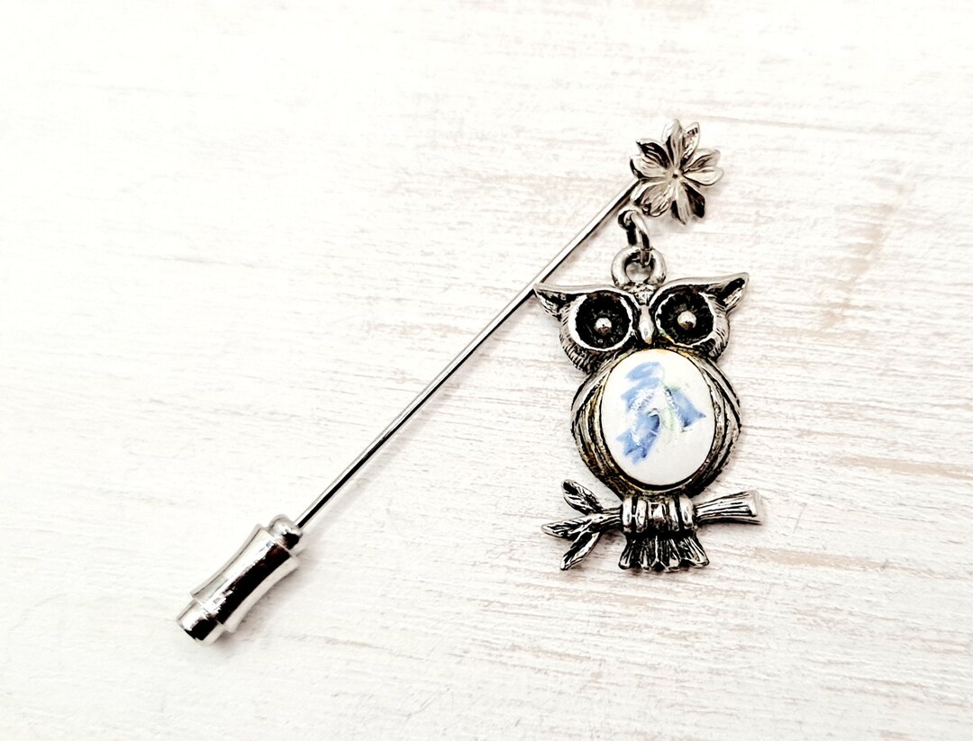 Vintage Owl Stick Pin - Silver Porcelain Dangling Owl With Floral ...