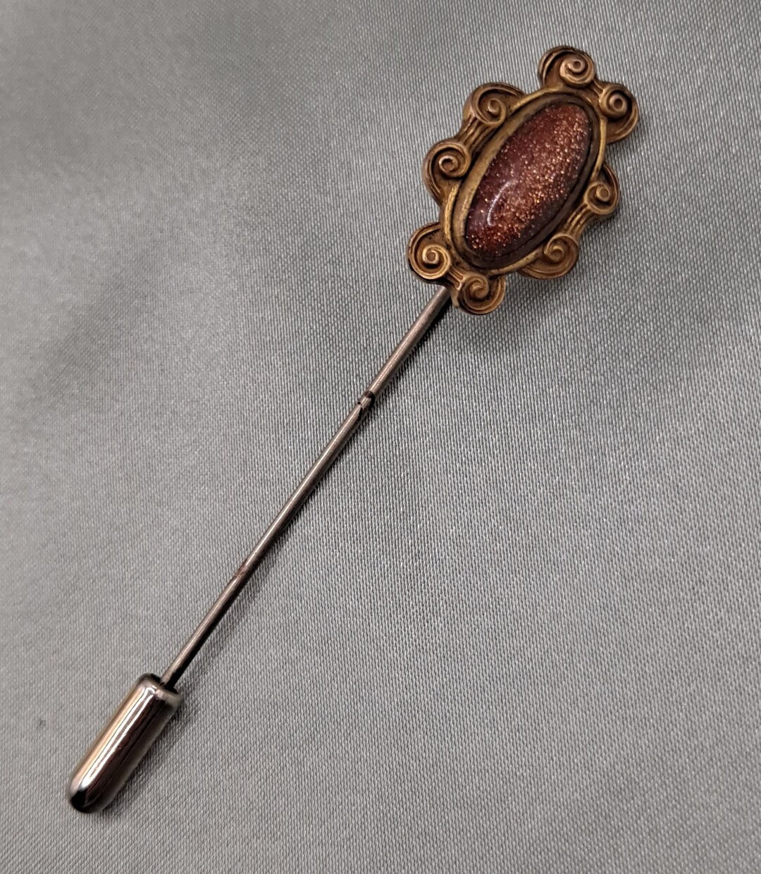 Victorian Goldstone Stick Pin - Scarab Like Design With Ornate Brassy ...