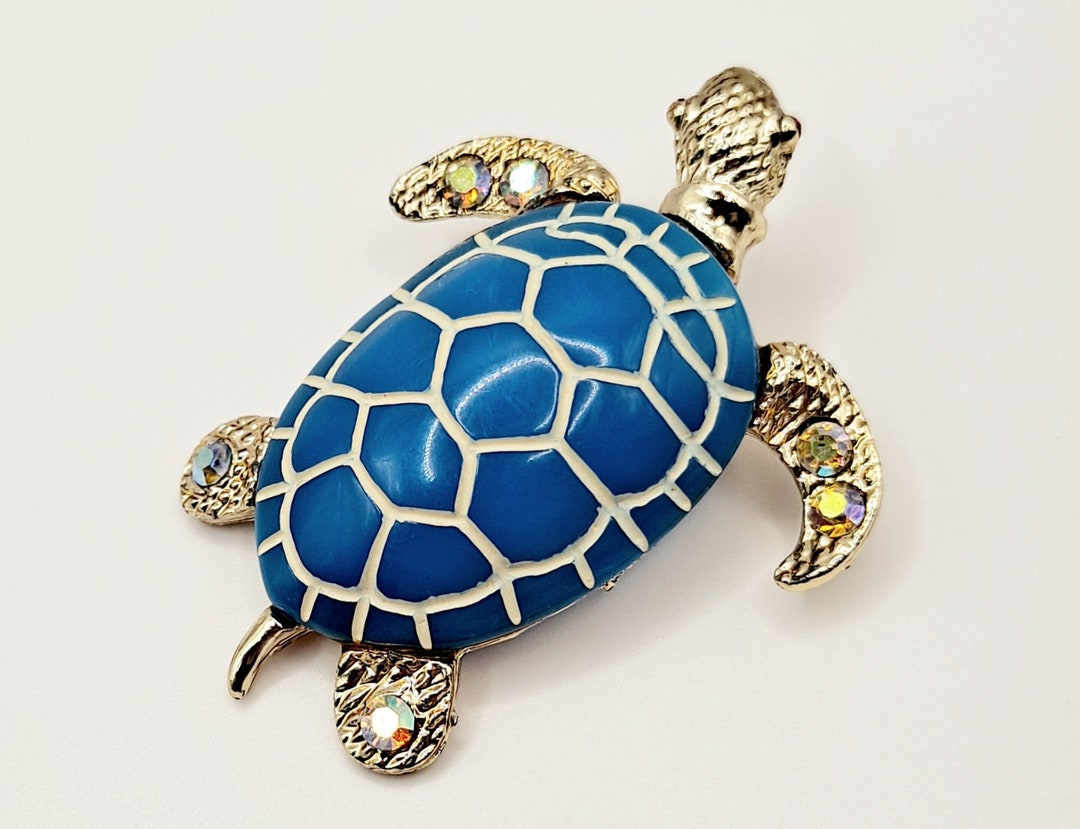Adorable Blue Shell Turtle Brooch Pin With AB Rhinestones - Etsy