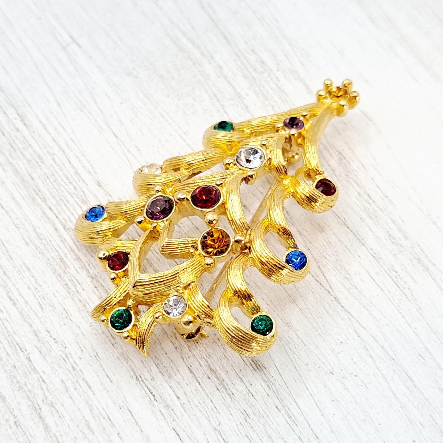 Vintage MONET Goldtone Christmas Tree Brooch: Rhinestone Ornaments - Etsy