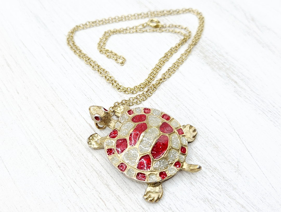 Vintage Goldtone Turtle Necklace - Sparkly Red & Silver Glitter Enamel ...
