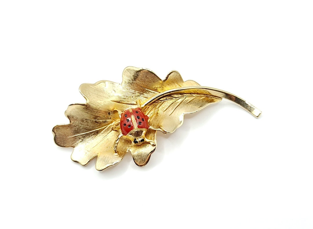 Vintage Golden Leaf Ladybug Brooch - 1950's / 1960's Whimsical and ...