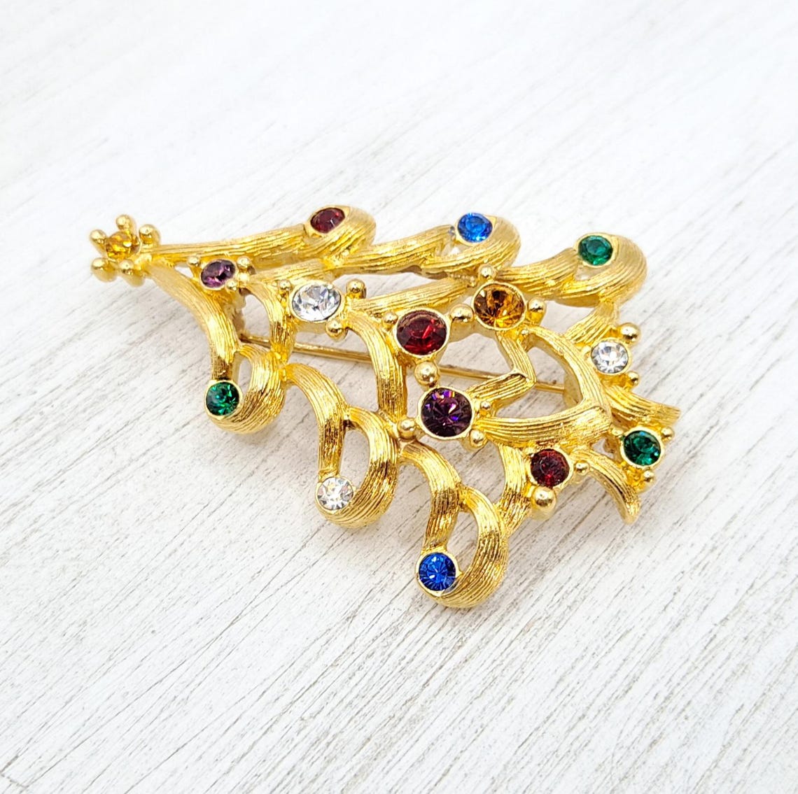 Vintage MONET Goldtone Christmas Tree Brooch: Rhinestone Ornaments - Etsy