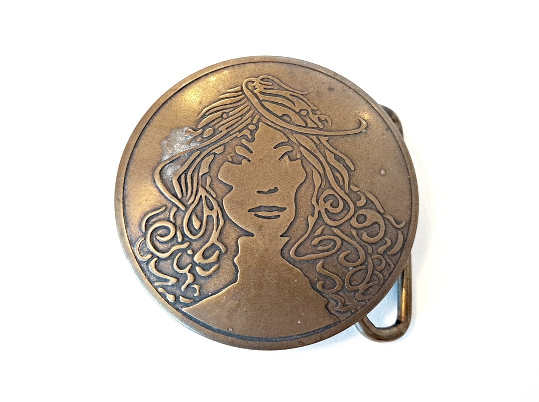 Vintage Art Nouveau Brass Belt Buckle: Female Portrait, Trinity Buckle ...