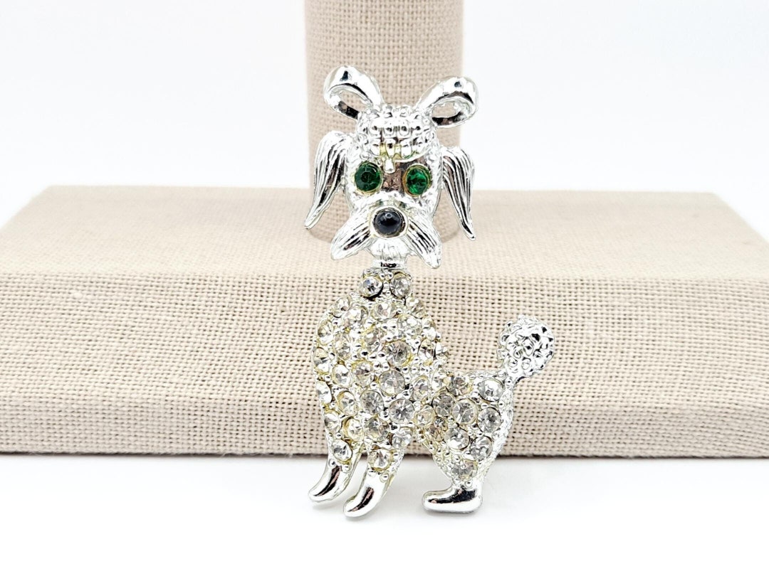 Vintage Rhinestone Poodle Brooch: Silvertone Dog Pin, Emerald Green ...