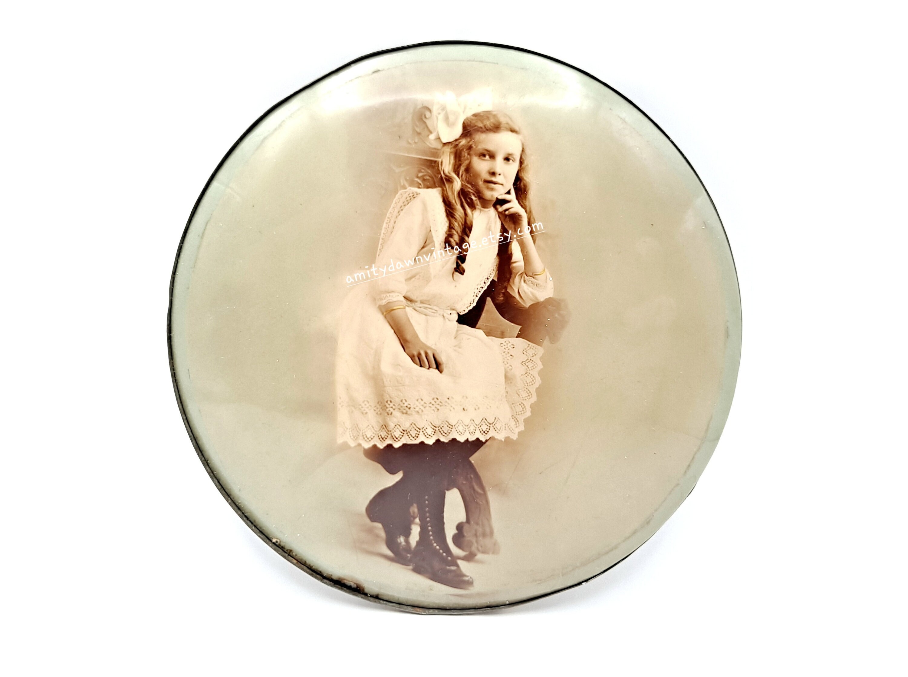 Real Antique Button Tin Framed Photo Photogenic Young Lady in White ...