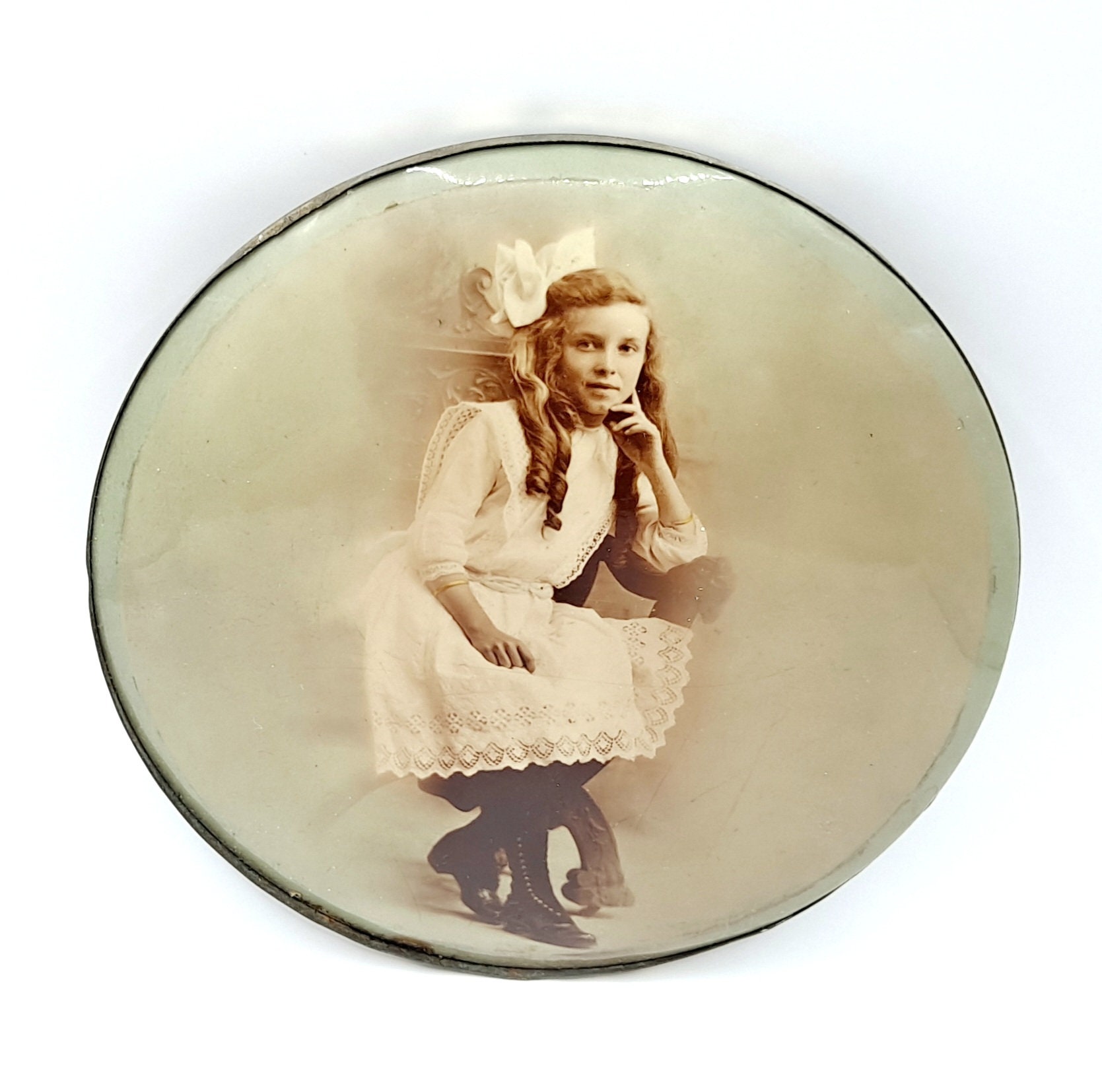 Real Antique Button Tin Framed Photo Photogenic Young Lady in White ...