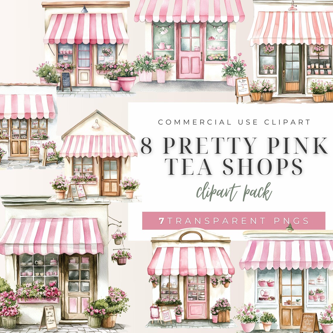 Watercolor Pink Tea Shop Clipart, Local Shop, Pretty Boutique ...