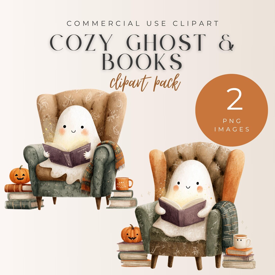 Cozy Ghost and Books Watercolor Clipart, Halloween Decor, Book Lover ...