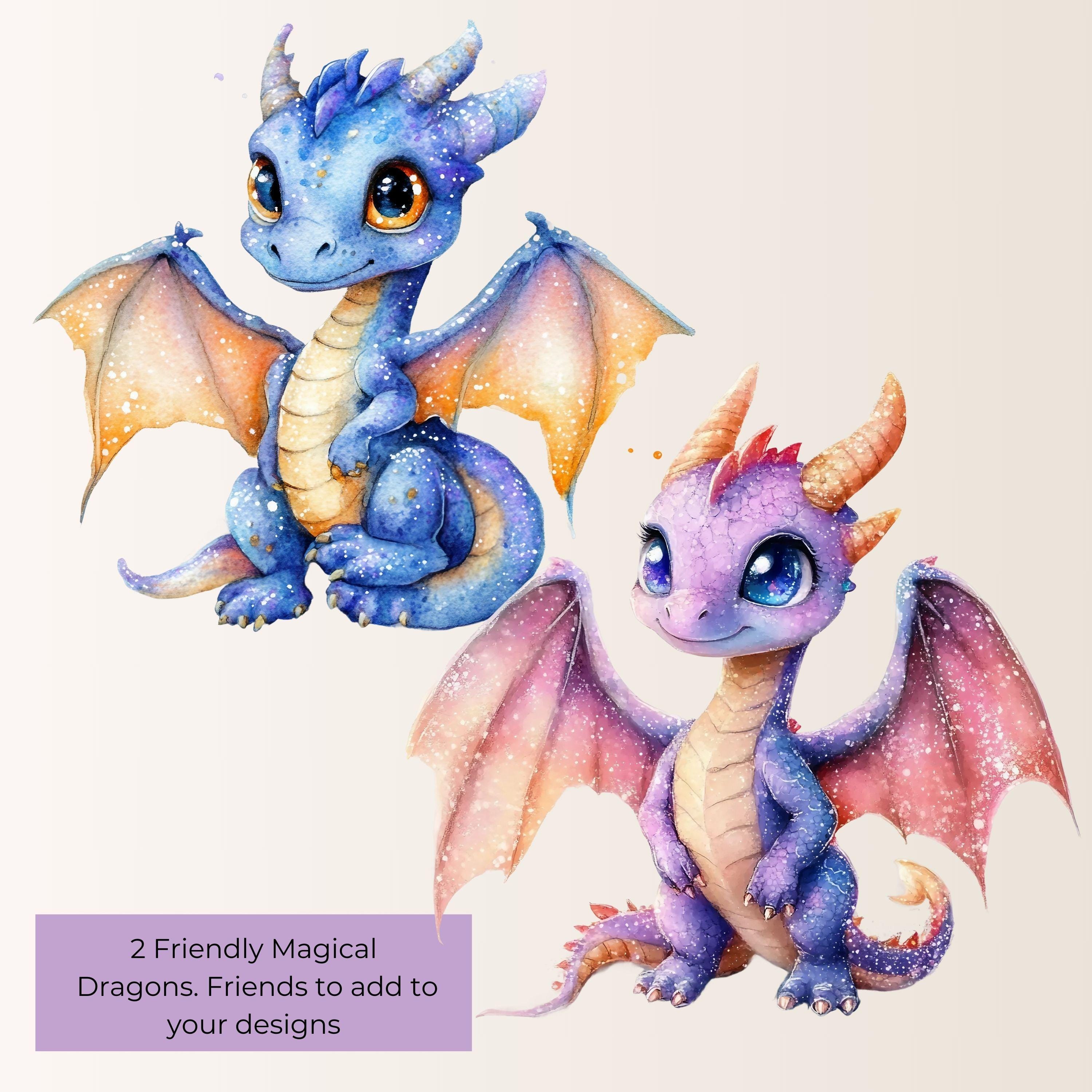 Magical Dragon Watercolor Clipart, Blue Dragon, Purple Dragon, Friendly ...