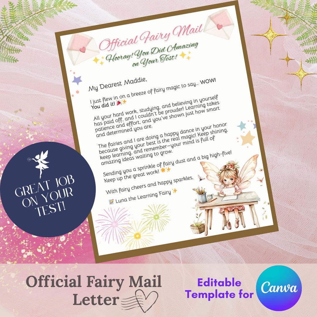 Great Job on Your Test Fairy Letter, Fairy Note, Fairy, Fairy Pillow ...