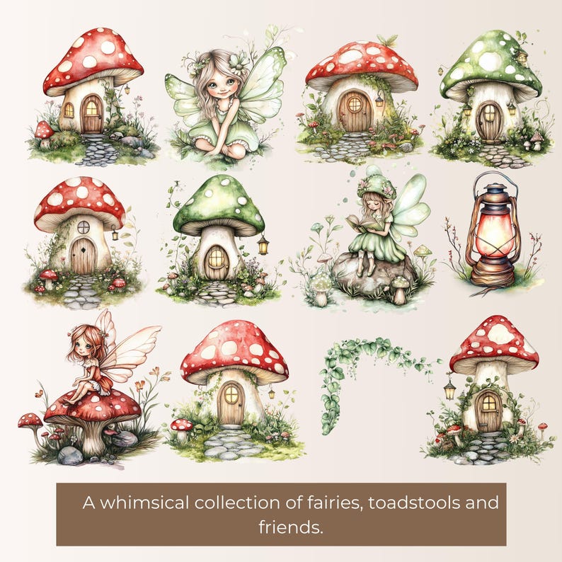 Watercolor Clipart Toadstool Houses, Fairy Toadstool House, Forest ...