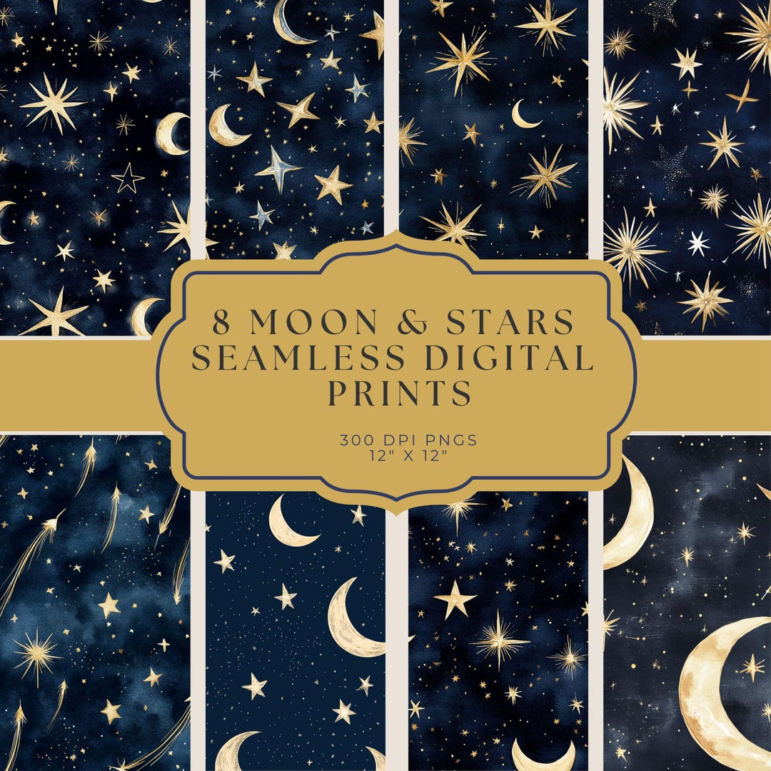 8 Navy Moon and Stars Seamless Digital Patterns, Shooting Stars, Star ...