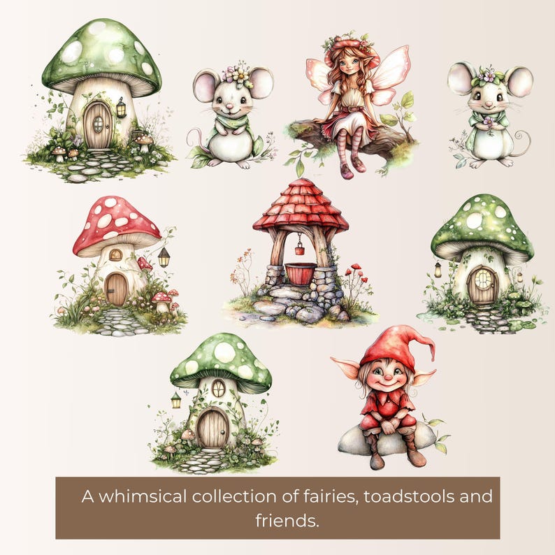 Watercolor Clipart Toadstool Houses, Fairy Toadstool House, Forest ...