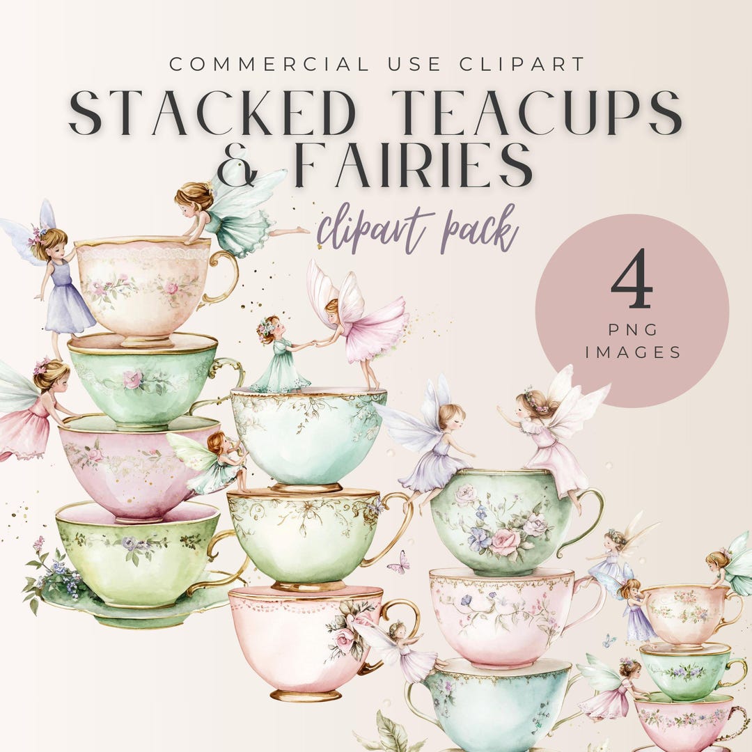 Stacked Teacups and Fairies Watercolor Clipart, Pastel Colors, Kitchen ...