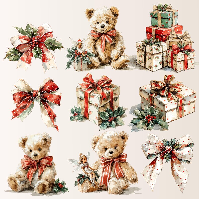 Teddy Bear Christmas Magic Watercolor Clipart Pack, Vintage, Santa ...