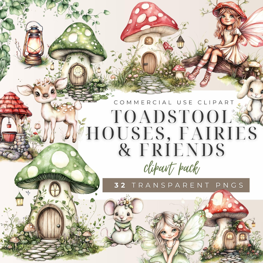 Watercolor Clipart Toadstool Houses, Fairy Toadstool House, Forest ...