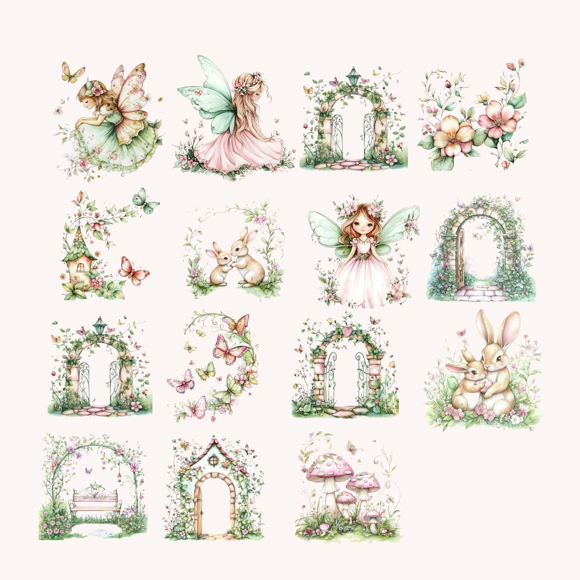 Secret Fairy Garden Watercolor Clipart Pack, Spring Blossoms, Garden ...