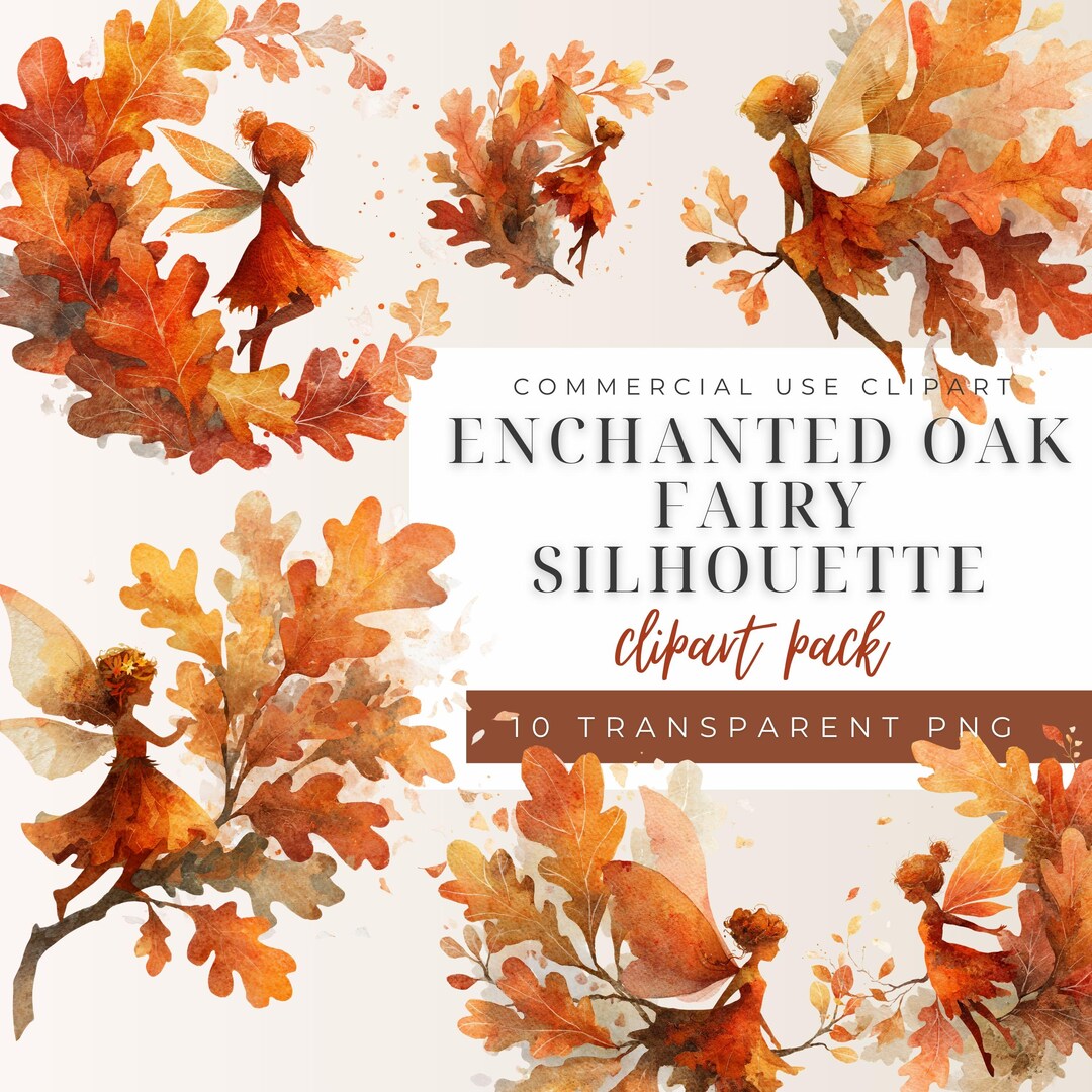 Enchanted Oak Fairy Silhouette Watercolor Clipart Pack, Oak Tree, Fall ...