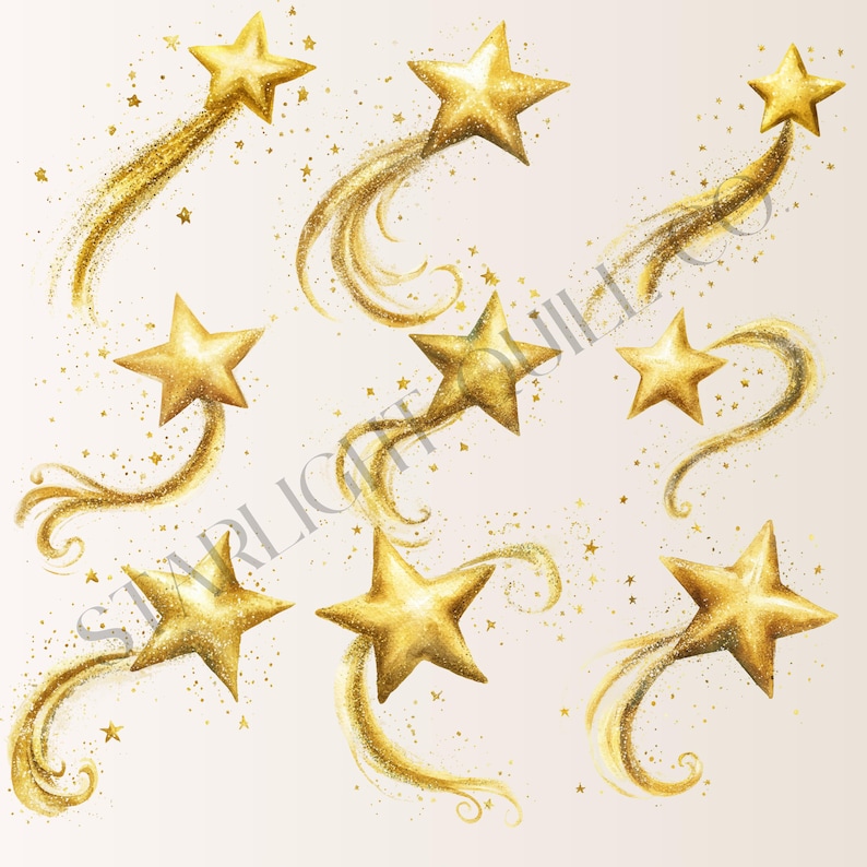 Gold Shooting Star Clipart Pack, Sparkling Star, Night Sky, Glittering ...