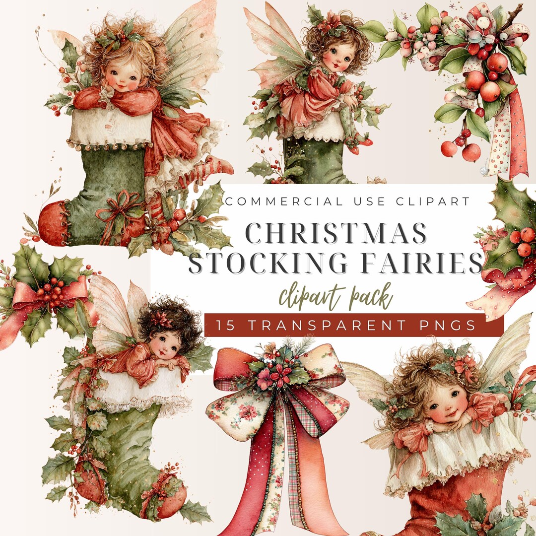 Christmas Stocking Fairies Watercolor Clipart Pack, Christmas Bows ...