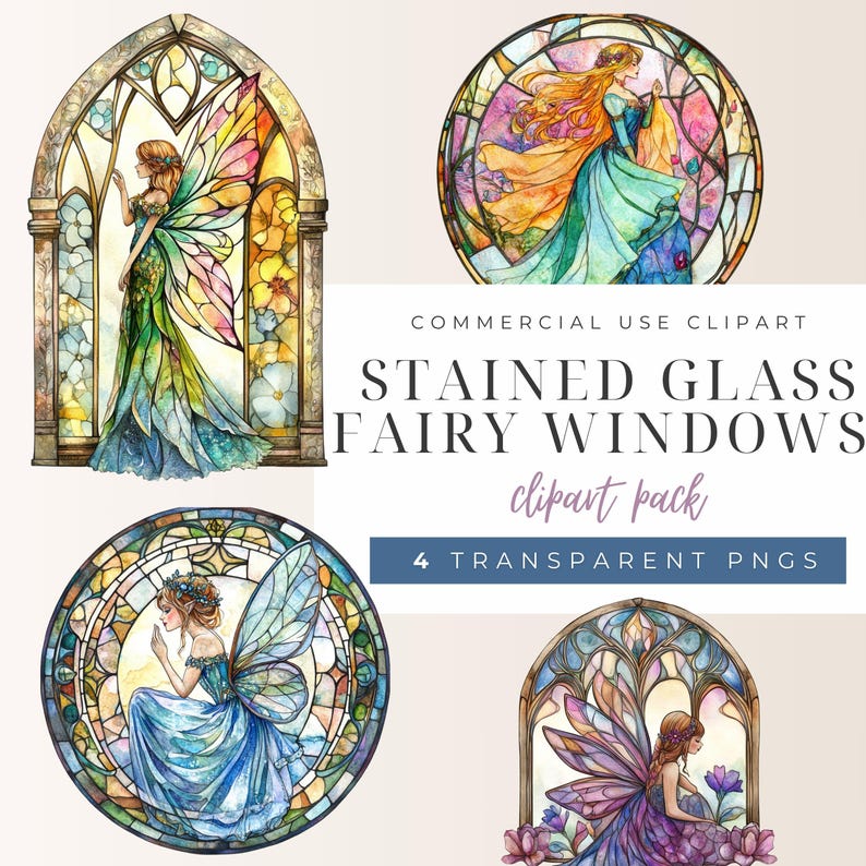 Stained Glass Fairy Windows, Watercolor Clipart, Magical Fairies ...