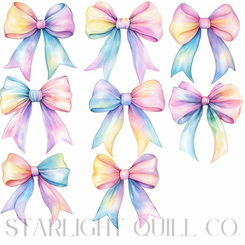 Pastel Rainbow Bows, Watercolor Clipart, Elegant Bows, Wedding ...