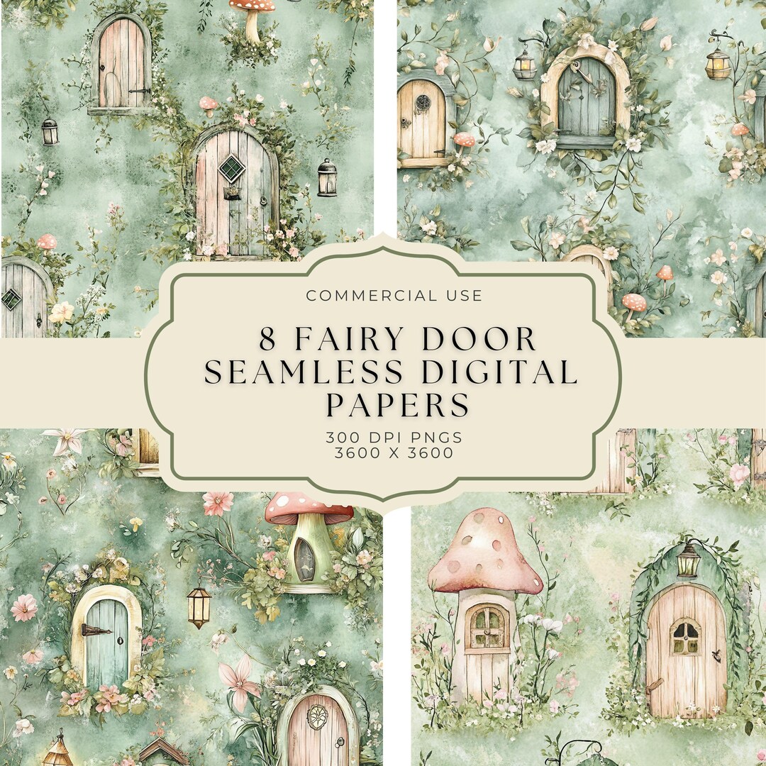 Fairy Door Seamless Digital Papers, Sage Green, Digital Backgrounds ...