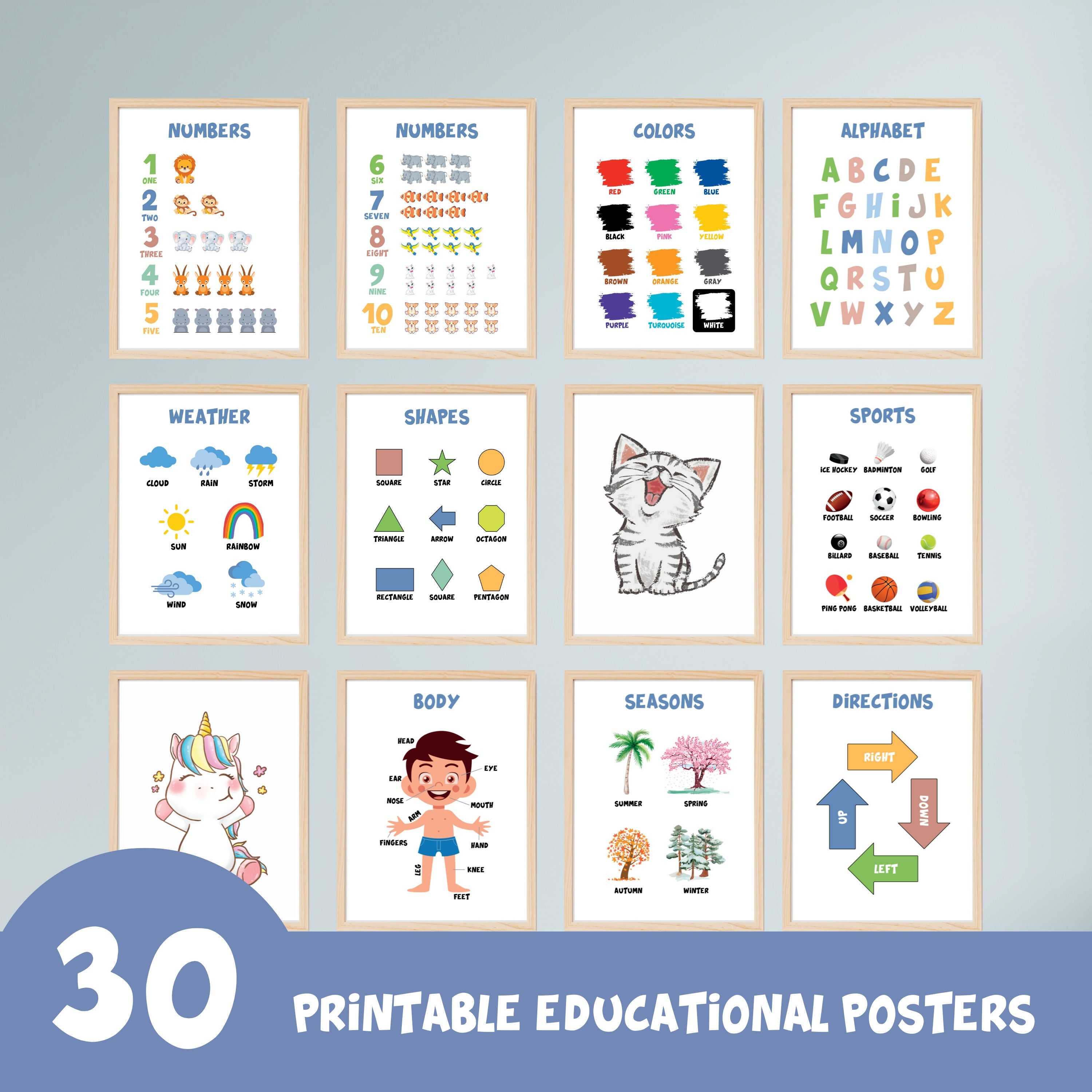 Set of 30 Educational Posters, Digital Prints, Nursery Prints ...