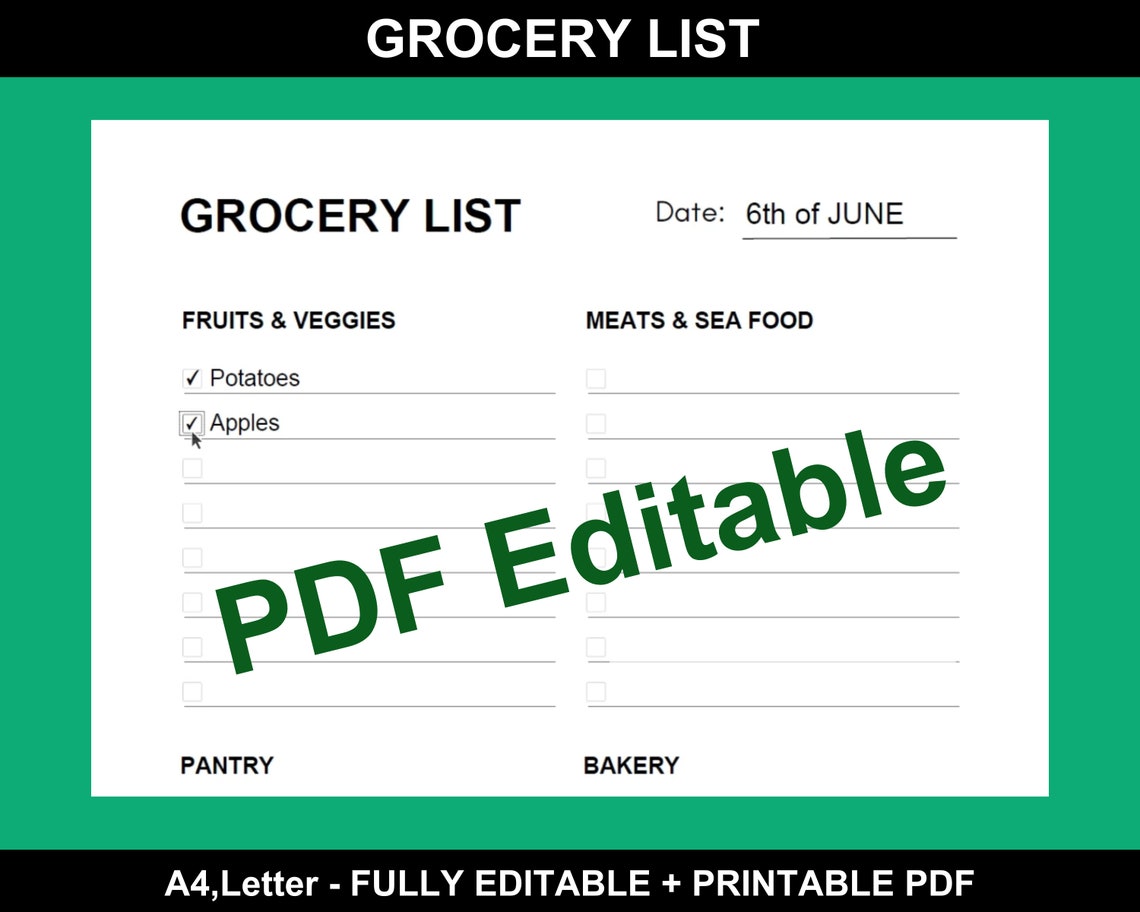 Editable Grocery List, Grocery List Template, Food Shopping List ...