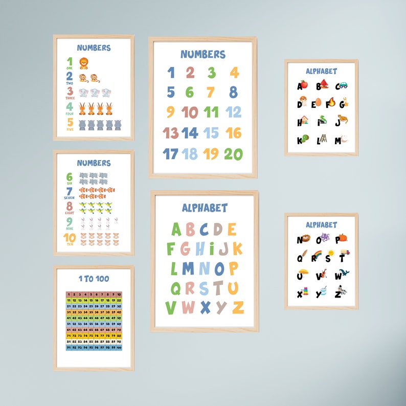 Set of 7 Alphabet Numbers Posters, Alphabet Poster, Numbers Poster ...