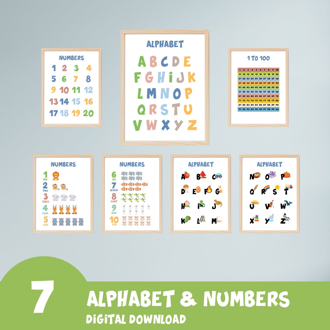 Set of 7 Alphabet Numbers Posters, Alphabet Poster, Numbers Poster ...